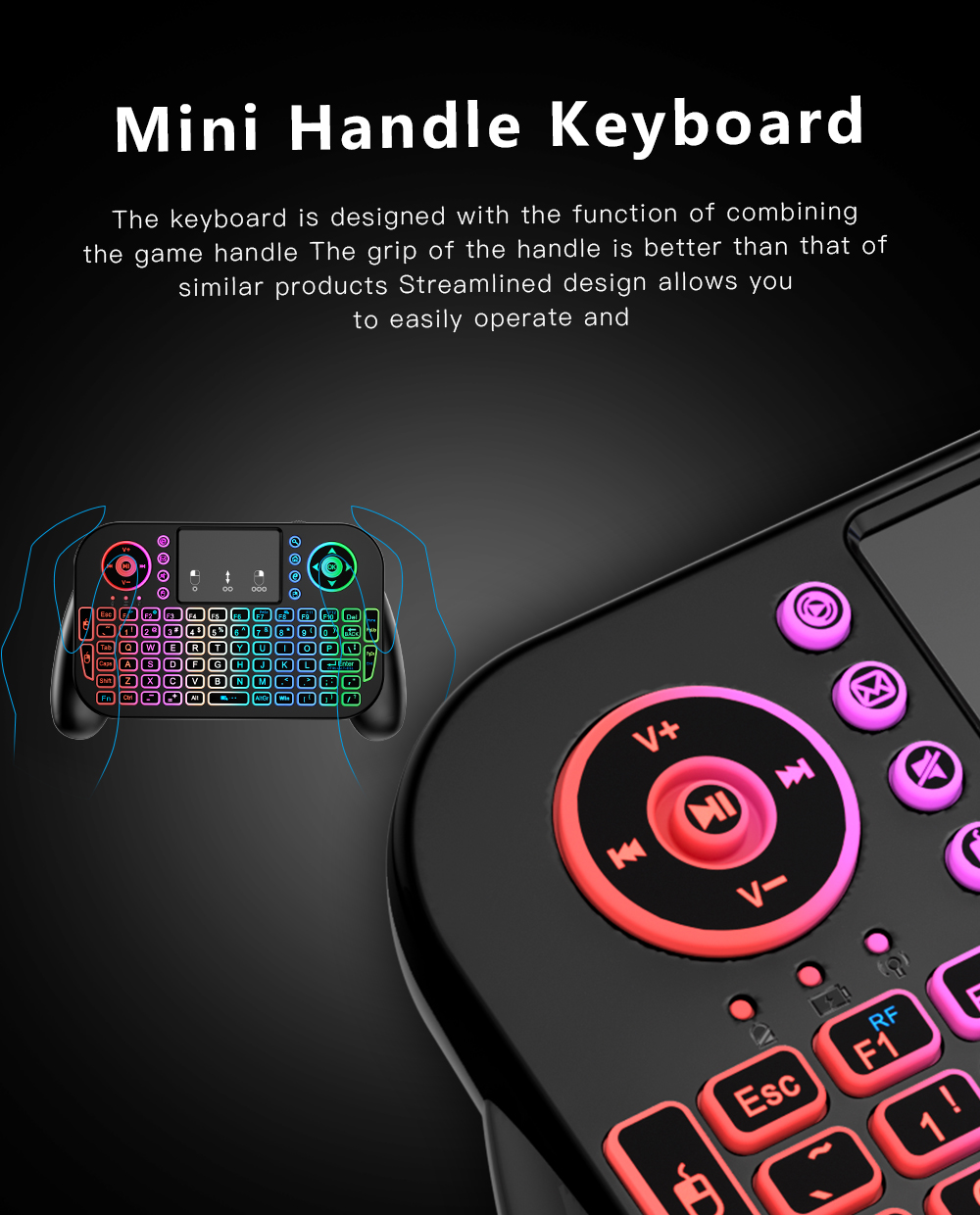 Mini Teclado BT 2.4G V8 com Mouse de Ar e Retroiluminação de 7 Cores ...