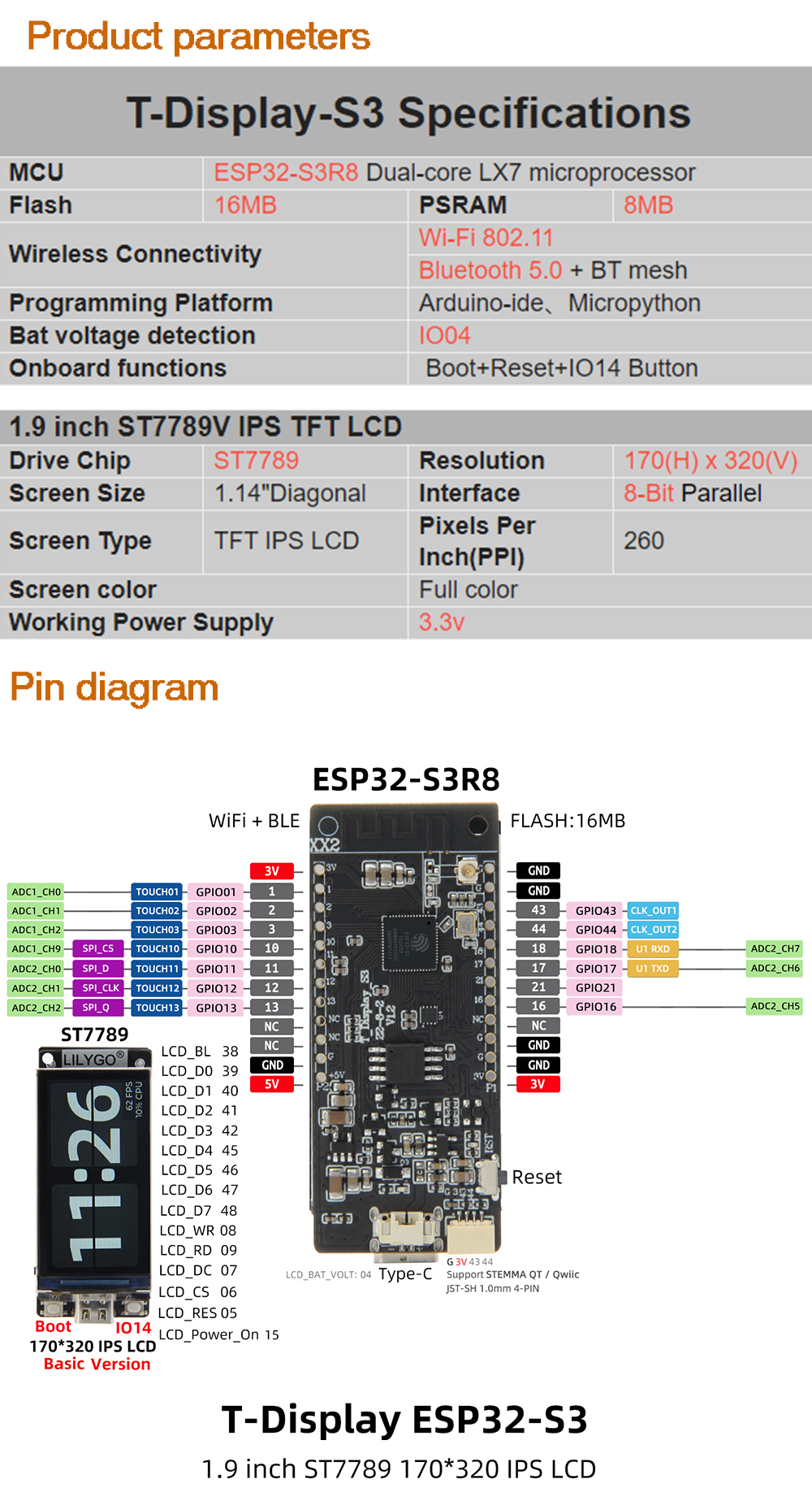 T-Display-S3 ESP32 S3 Com Placa De Desenvolvimento De Tela LCD ST7789 De 1,9 Polegadas WIFI ...