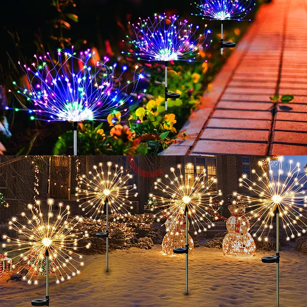 Estoque Pronto 200 LED Solar Fireworks Light IP65 Outdoor 8 Modos Fio ...