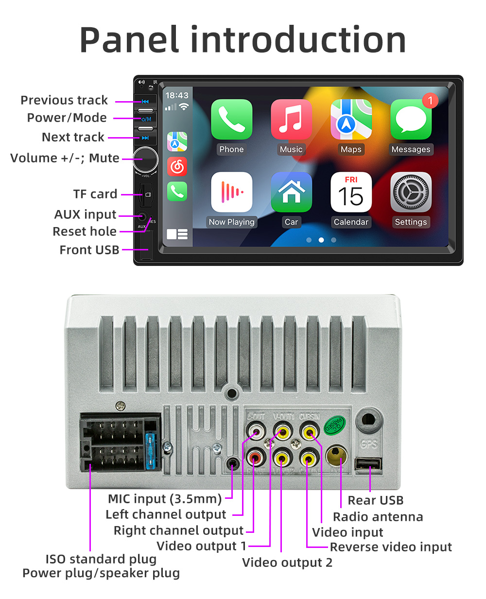 ESSGOO 2 Din Carplay 7 Polegada Multimídia MP5 Player Rádio Para Carro Bluetooth FM Receptor ...