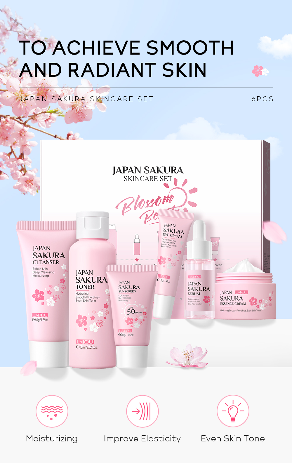 LAIKOU Japan Sakura Skincare Set 6pcs Hidratante Refrescante Mesmo Tom ...