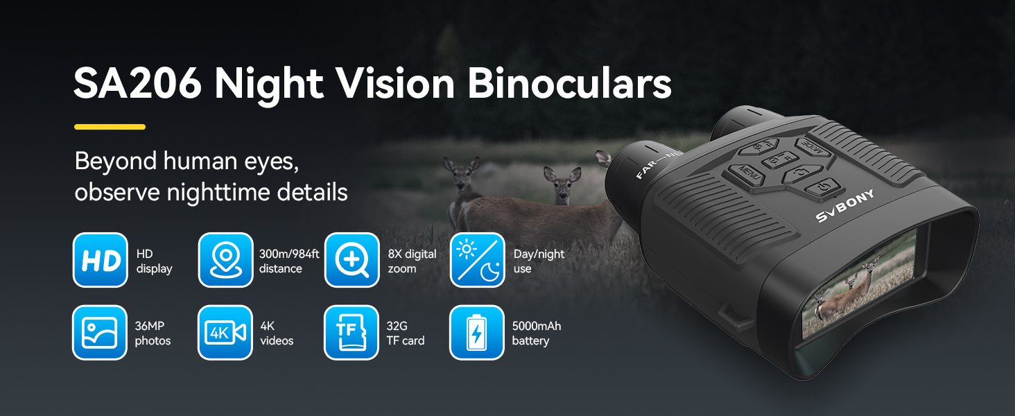 SVBONY SA206 4K Óculos De Visão Noturna 8X Zoom Digital Binóculos Para ...