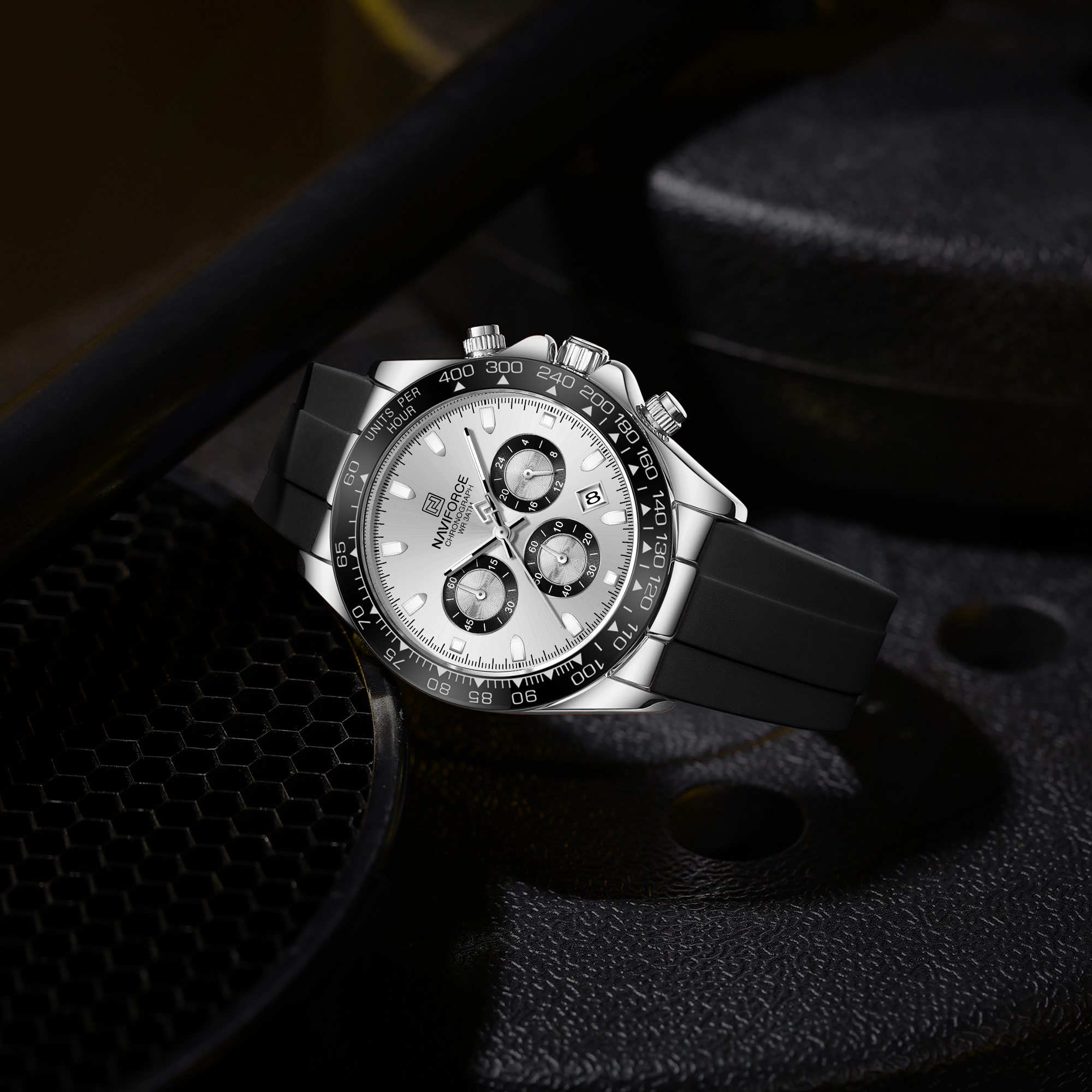 NAVIFORCE 8054 Moda Quartz Watch Data impermeável Silicone Strap Round ...