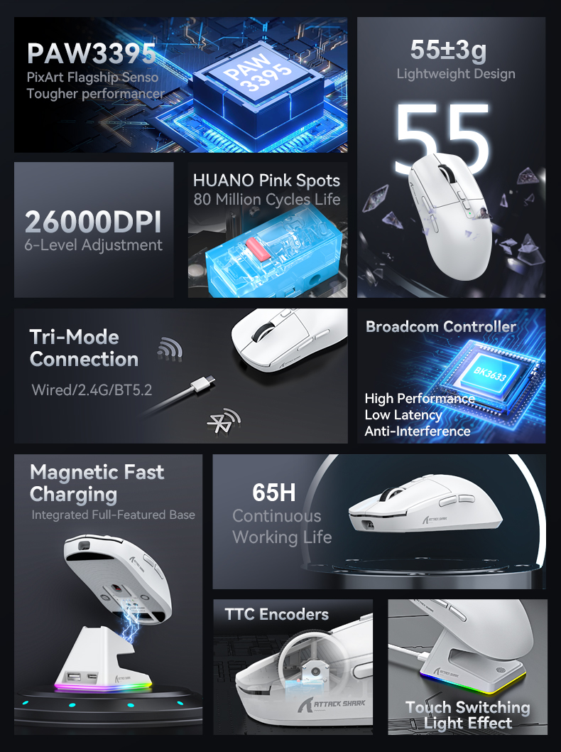 Ataque Shark X6 Rato de Jogo Bluetooth PixArt PAW3395 Conexão Tri-Mode ...