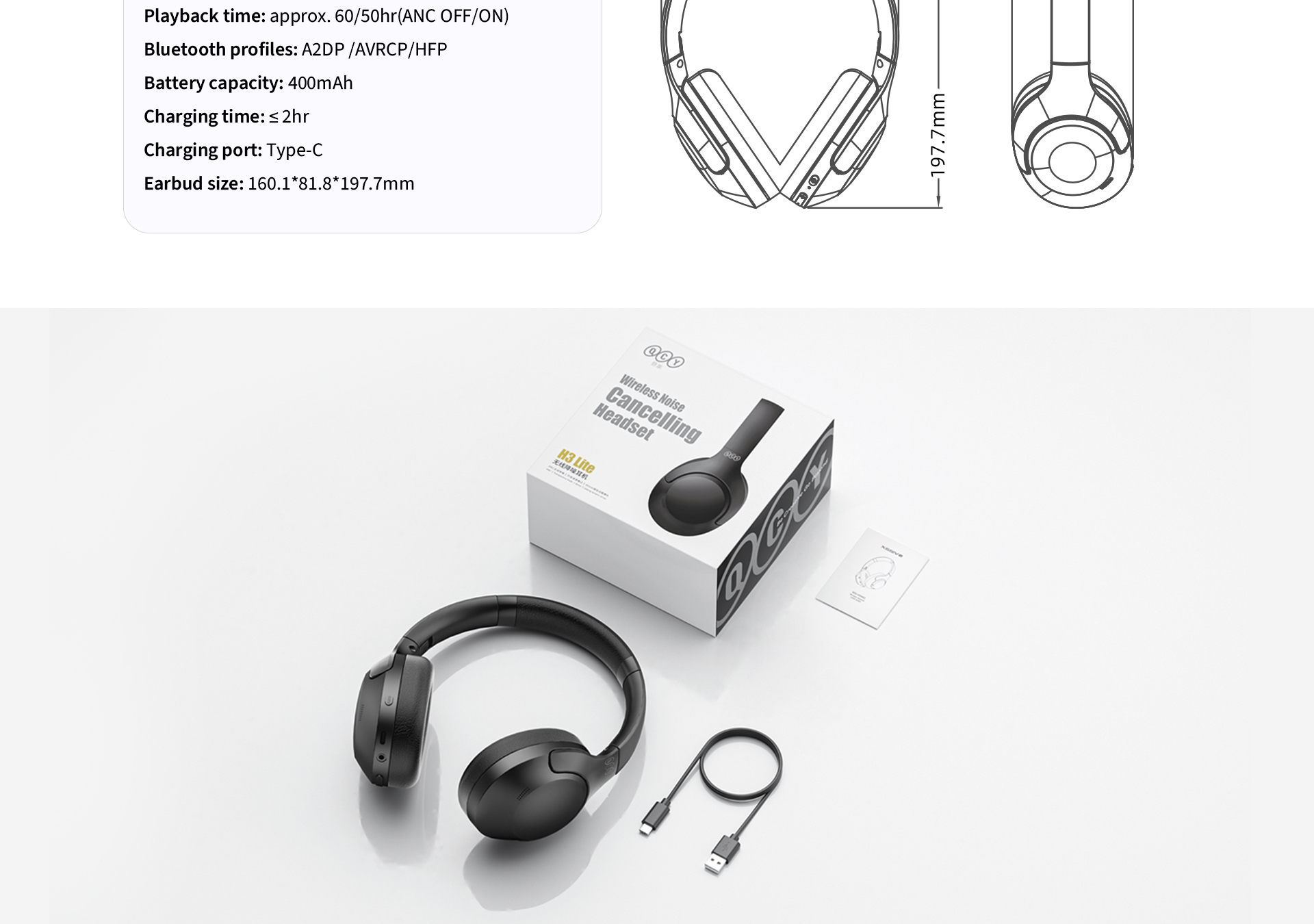 QCY H3 Lite ANC Fones De Ouvido Sem Fio Bluetooth 5.3 40mm Driver Cancelamento Ativo De Ruído ...