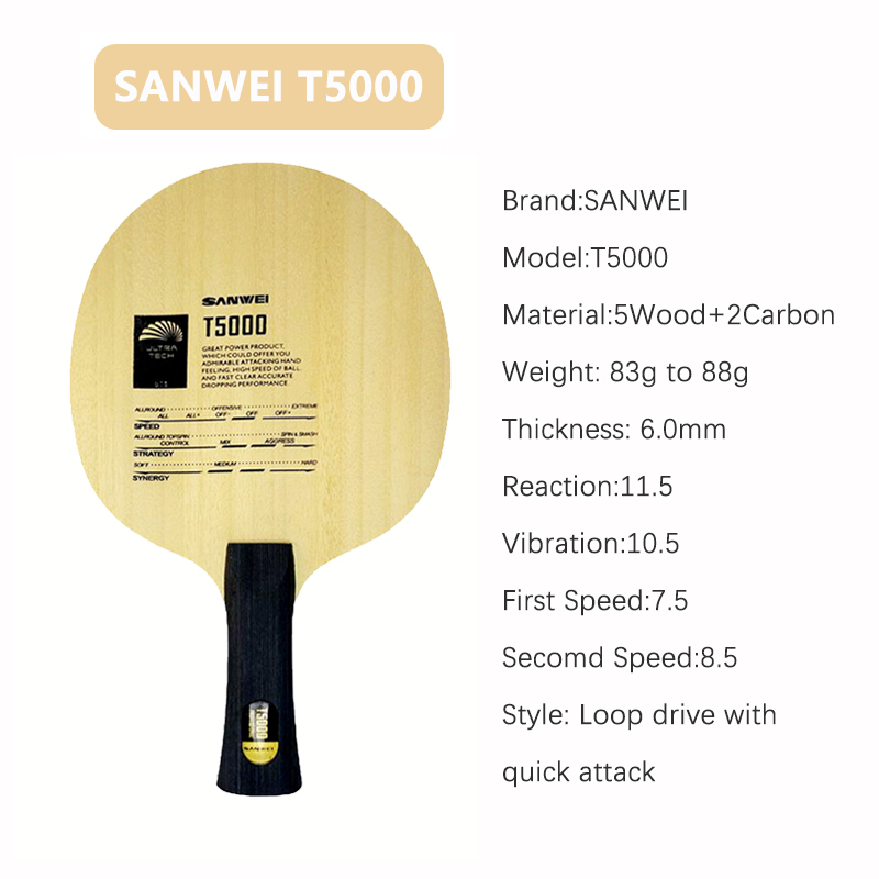 Original SANWEI T5000 Carbon Table Tennis Racket Blade (5 + 2) + RXTON 1 Rubber (Black + Red ...
