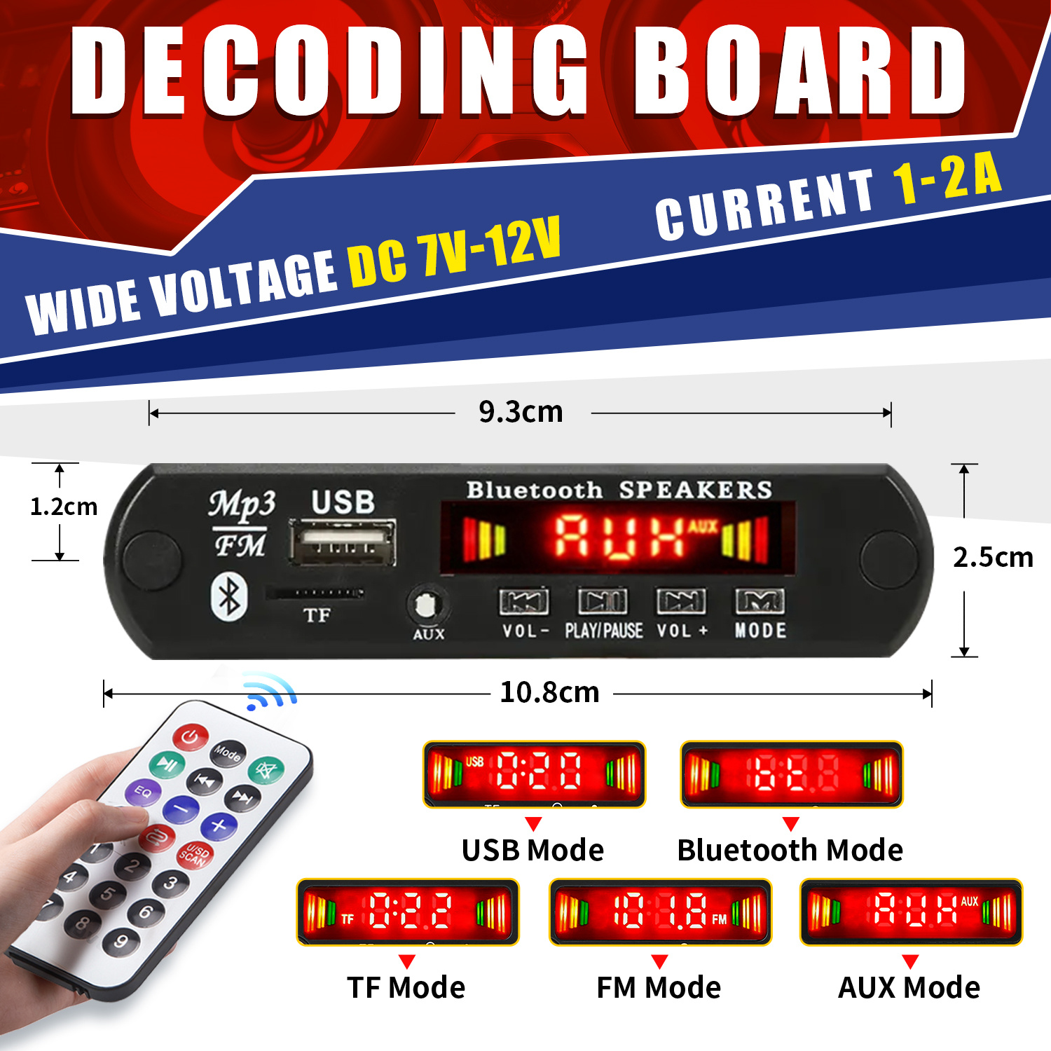 Placa Decodificadora MP3 WAV Bluetooth 5.0 12V USB FM AUX Controle Mãos ...