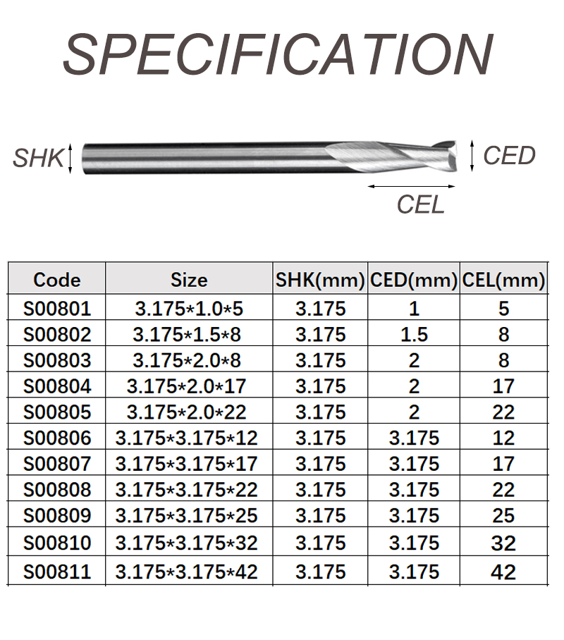 10 Pcs 3.175 1 / 8 Shank 2 Flauta Espiral Fresa Cnc Flat Nose End Moinho Gravura Router Bit Para ...