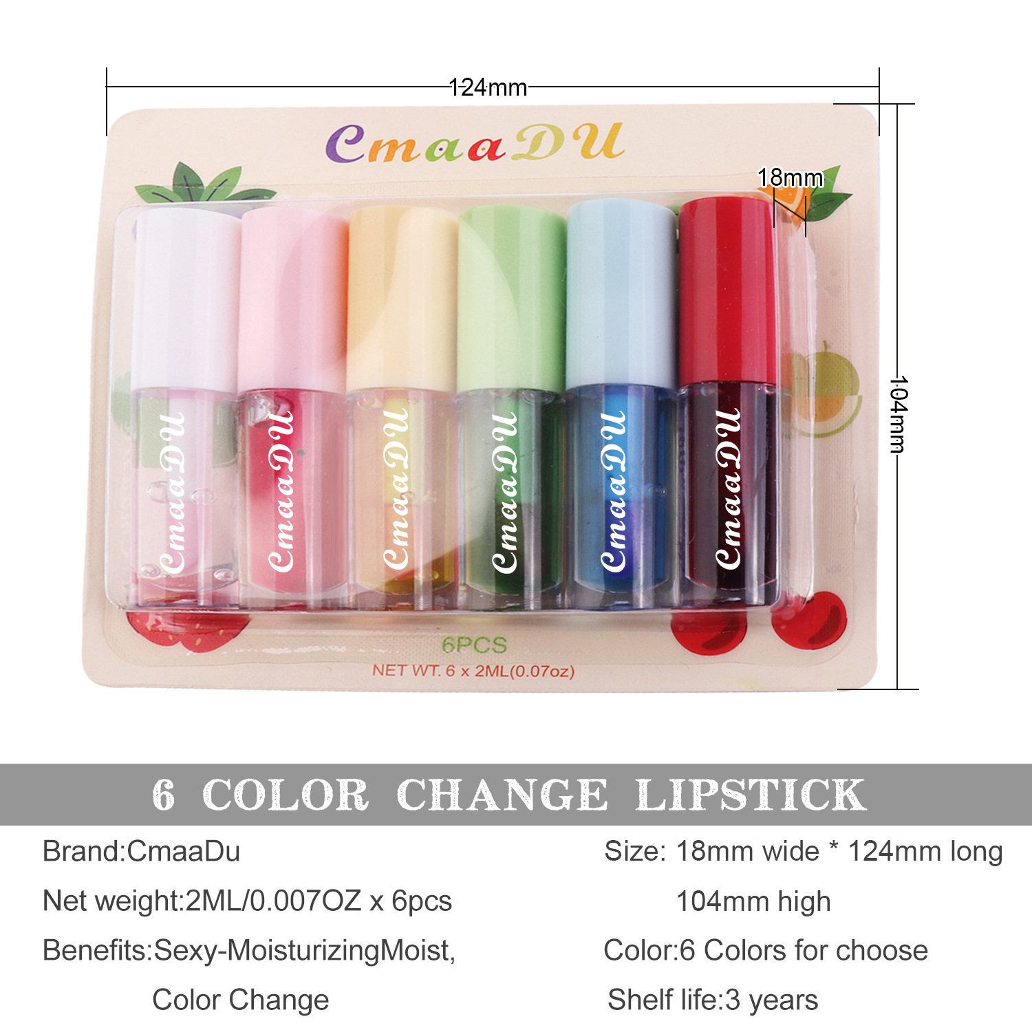 CmaaDu Brilho Labial 6 Cores Hidratante Frutas Mudança de Cor Copo ...