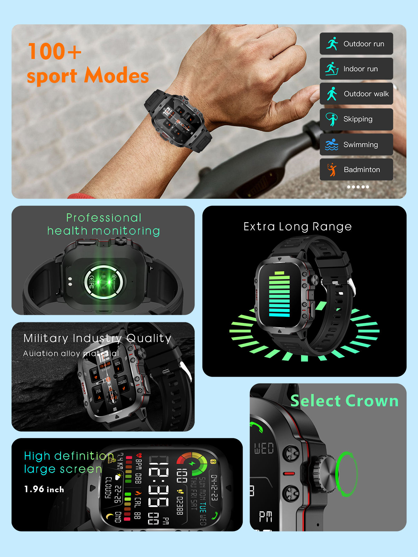 Relógio Inteligente Militar Bluetooth IP68 Waterproof Ao Ar Livre com Monitoramento de Saúde e ...