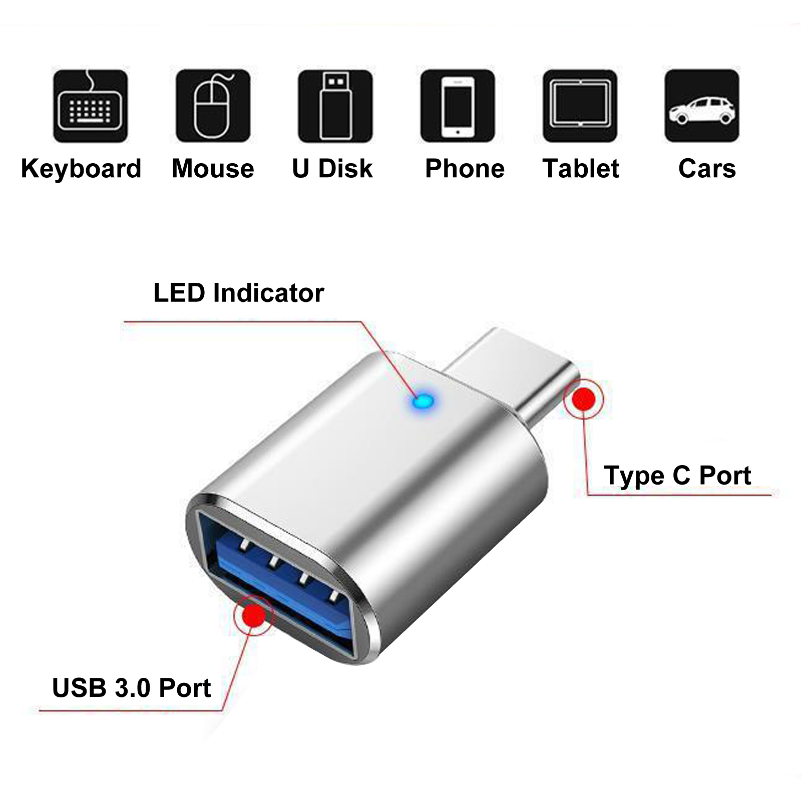 Conversor De Luz LED Tipo c Para USB3.0 Adaptador Indicador OTG Leitor De Cartão De Disco U ...