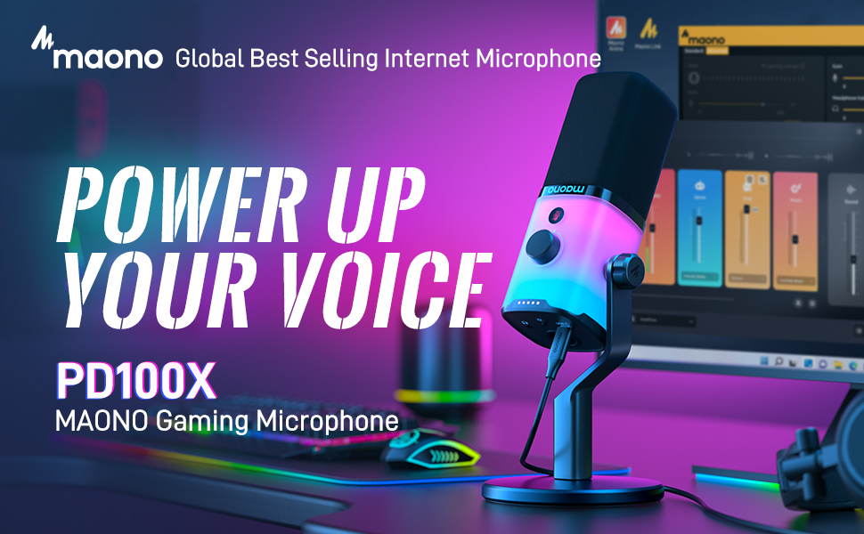 Maono PD100X RGB Microfone dinâmico para jogos USB/XLR modo duplo com software, mudo, para PC ...