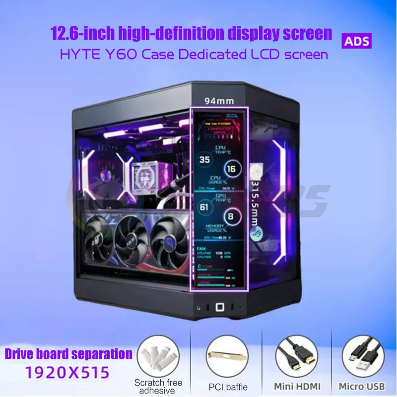 Tela Secundária Profissional Para Lateral HYTE Y60 Monitor LCD De 12,6 Polegadas Da Caixa Do ...