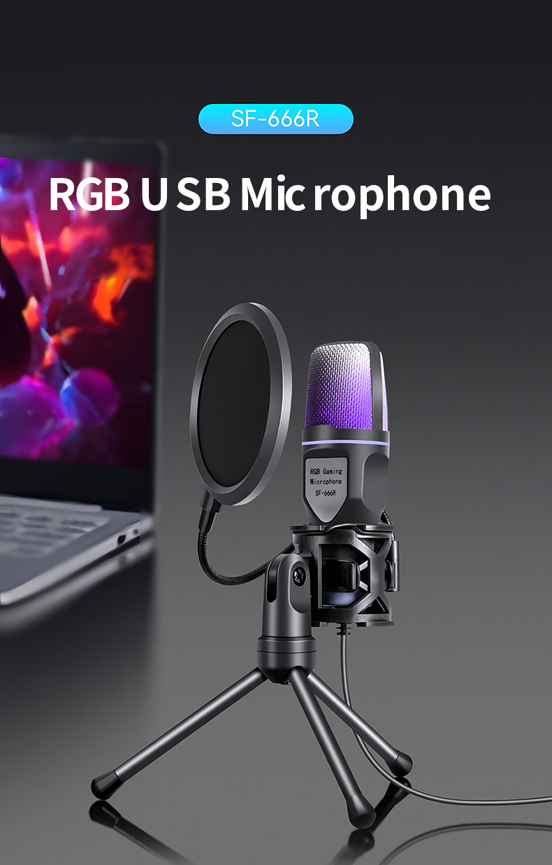 Microfone Com Fio USB Para Jogos RGB Computadores Cancelamento De Ruído Plug-and-Play Streaming ...