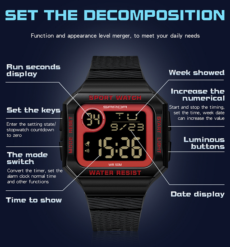 Relógio Eletrônico Masculino À Prova D'água SANDA Digital Homem Do ...