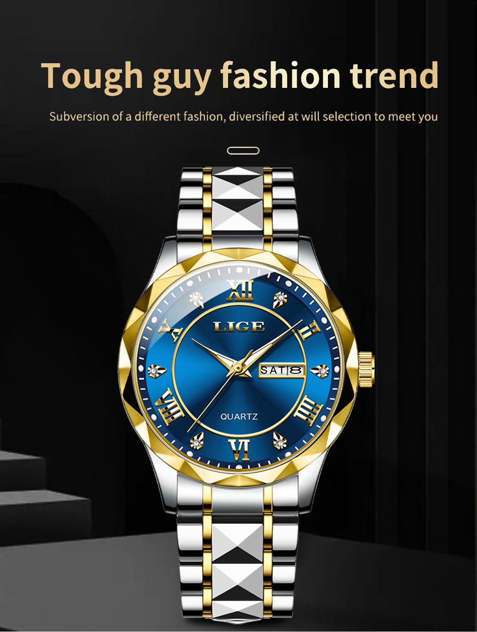 LIGE Jam Tangan Gold Blue Lelaki Besi Relógio Original Homem Análogo De ...