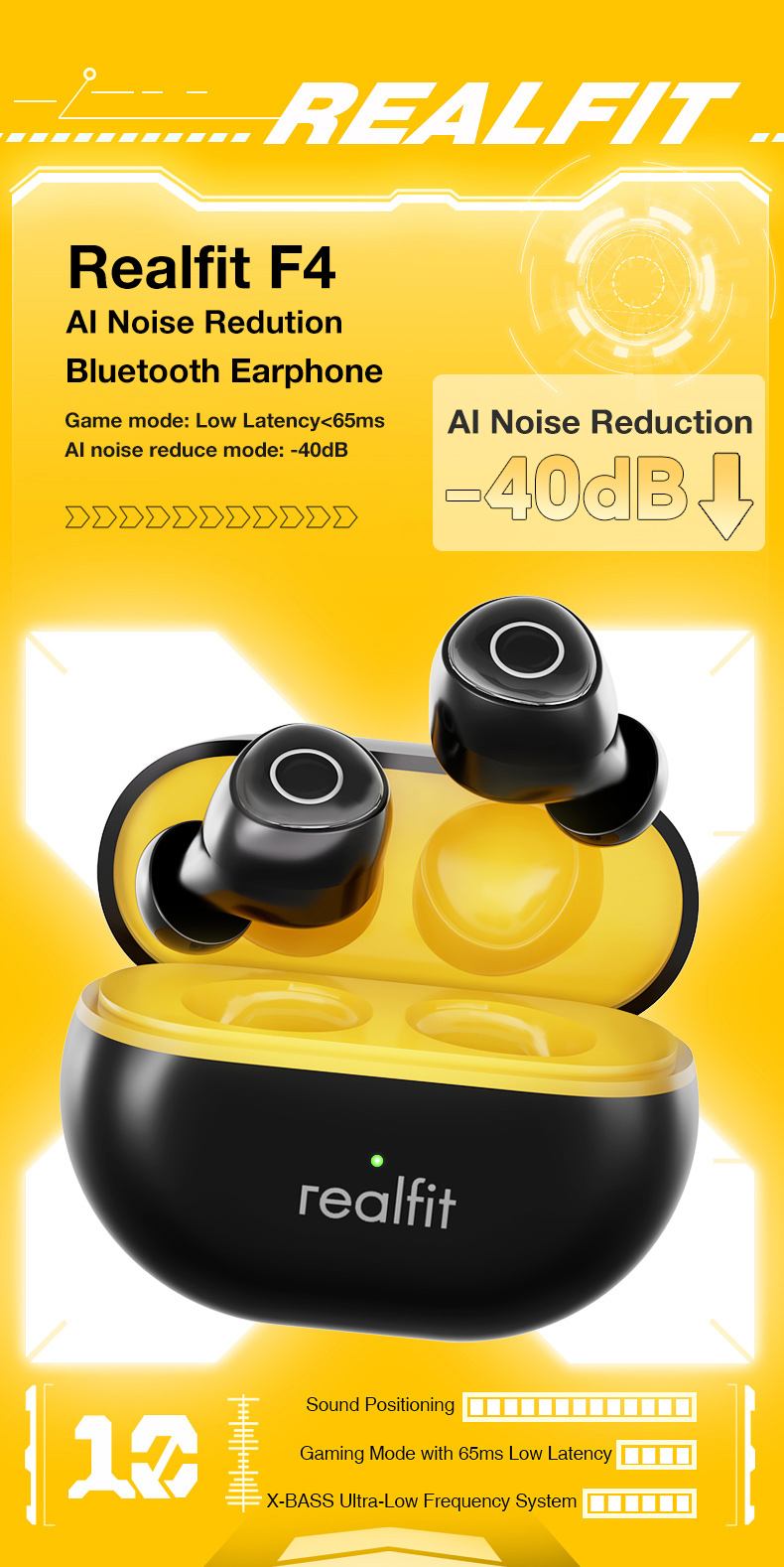 Realfit F4 AI Fones De Ouvido Bluetooth Com Cancelamento De Ruído Ativo Aplicativo De Controle ...