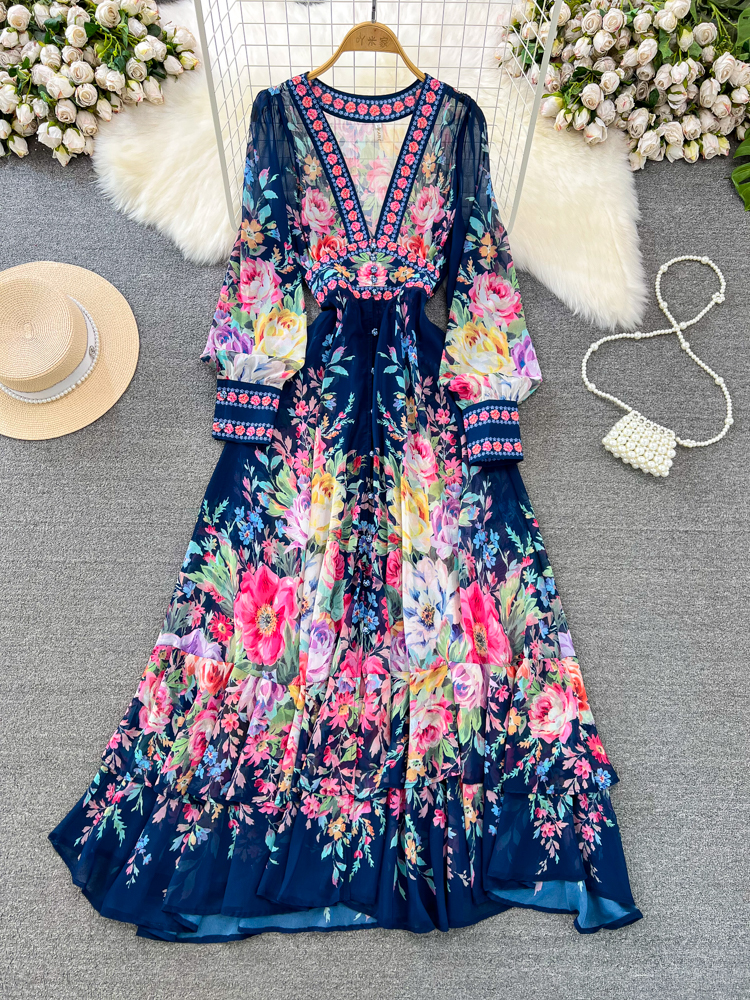 Elegante Vestido Floral De Férias Mulher Primavera Manga Longa Vestidos
