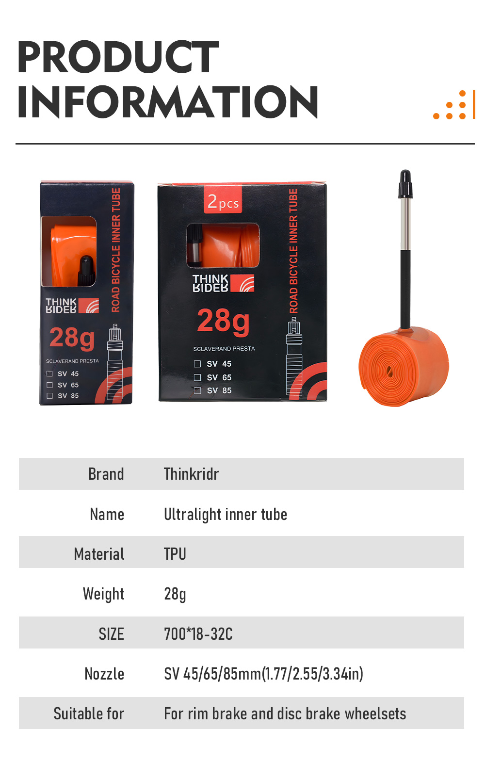 ThinkRider 28g Tubo Interno De Bicicleta Ultraleve 700 x 18 25 28 Pneu De Estrada TPU 45/65/85mm ...