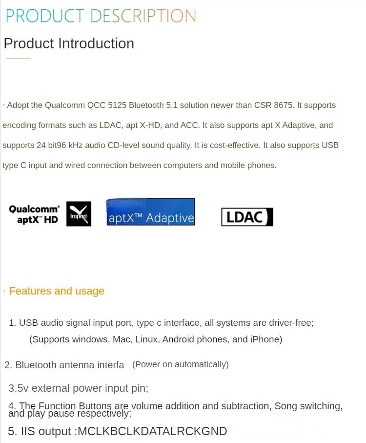 ⭐ QCC5125 5.1 Placa Adaptadora De Entrada USB Bluetooth Tipo C Saída ...