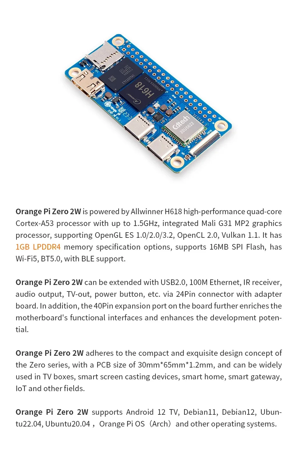 Laranja Pi Zero 2 W 4GB 2GB 1.5GB 1GB RAM DDR4 Allwinner H618 WiFi5 BT5 ...