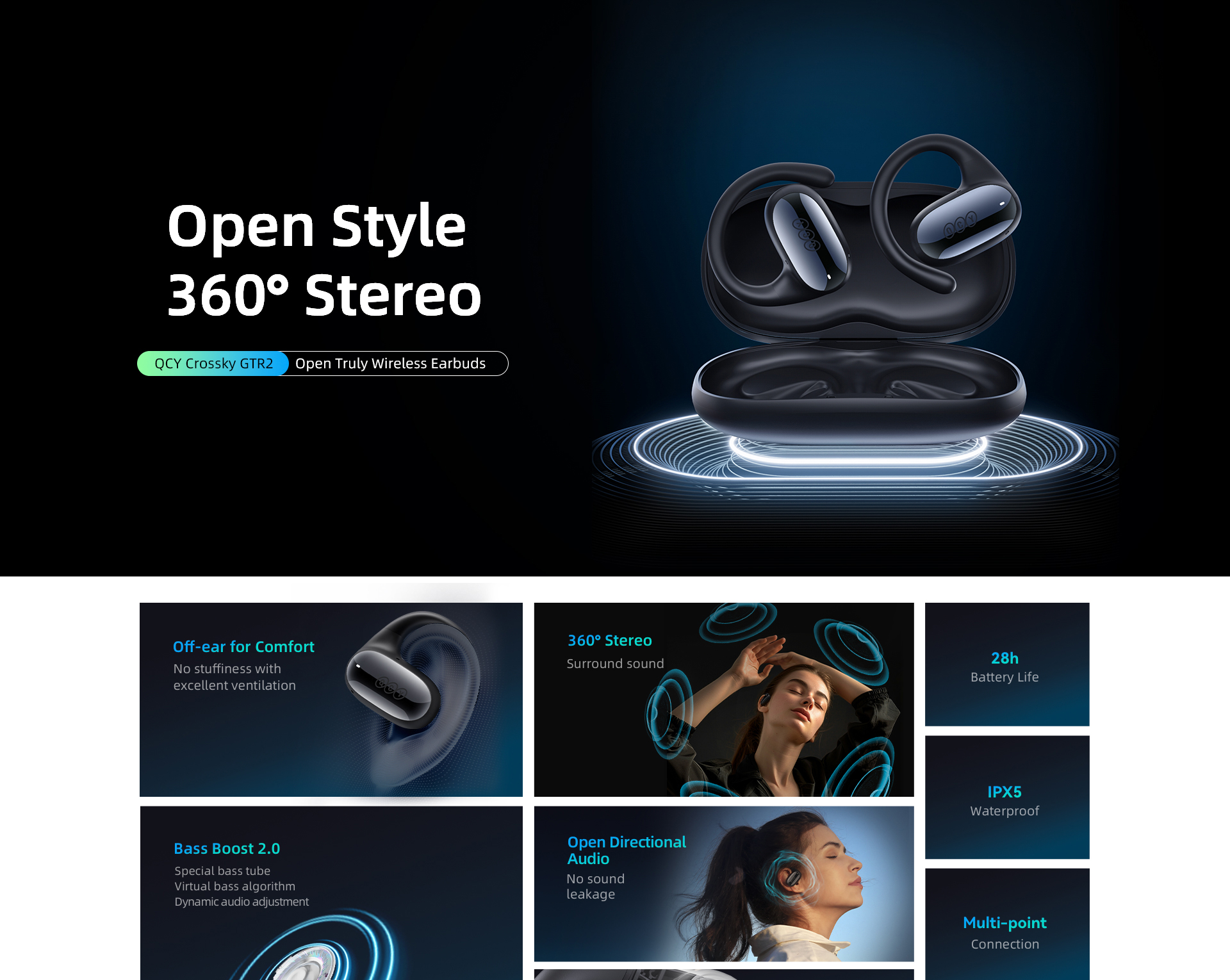 QCY T30/Crossky GTR2 Fone De Ouvido Aberto Sem Fio Bluetooth 5.4 Fones Bass Boost Conexão ...