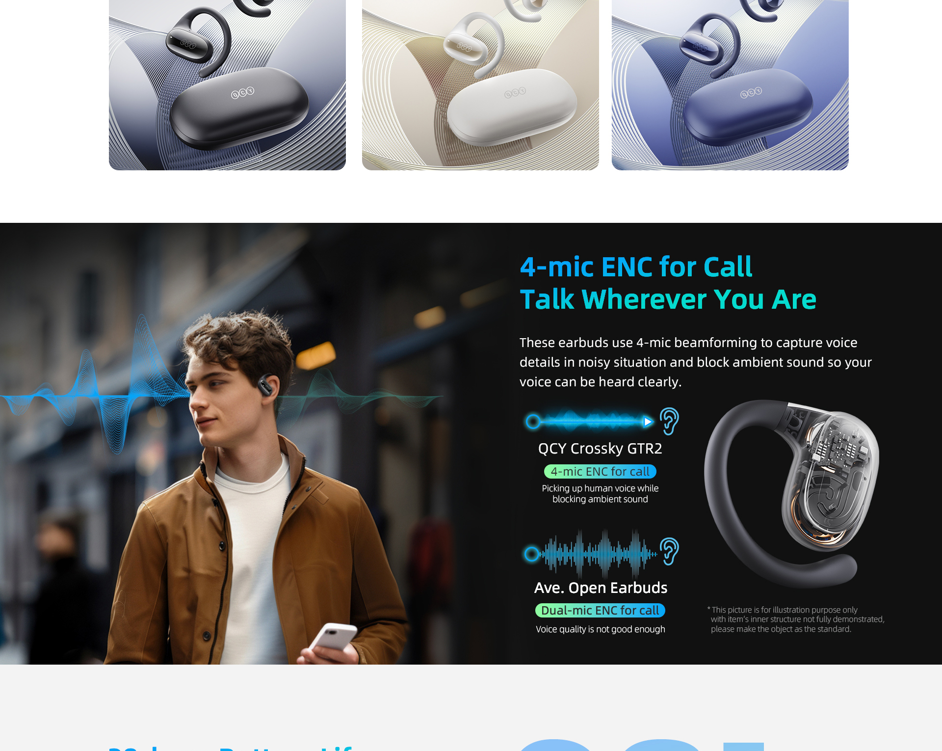 QCY T30/Crossky GTR2 Fone De Ouvido Aberto Sem Fio Bluetooth 5.4 Fones Bass Boost Conexão ...