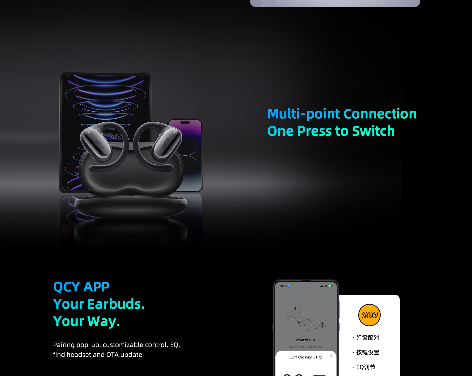 QCY T30/Crossky GTR2 Fone De Ouvido Aberto Sem Fio Bluetooth 5.4 Fones Bass Boost Conexão ...