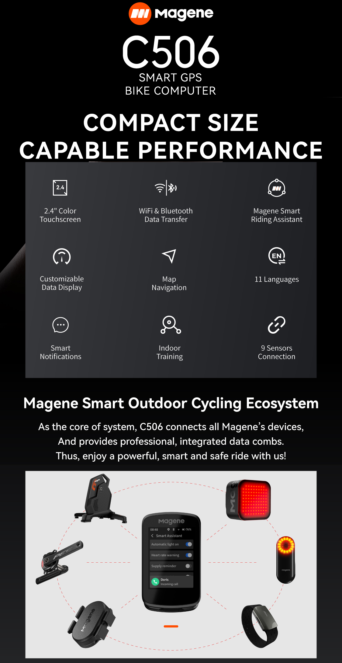 Magene C506 Smart GPS Bike Computador Touchscreen Velocímetro WiFi ...