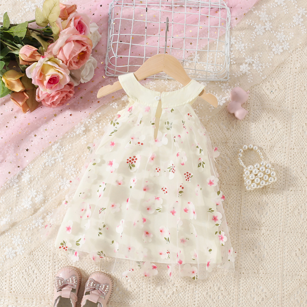 Vestido rosa sem mangas para menina, com design floral, adequado para ...