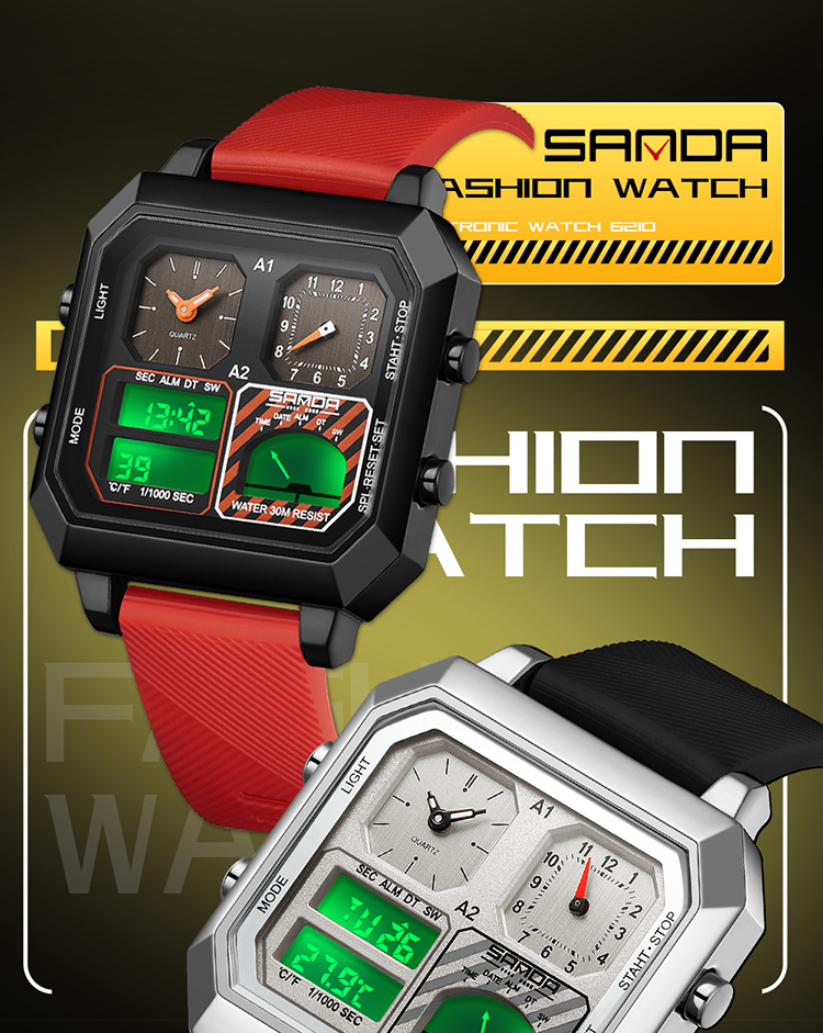 SANDA 6210 Moda Lazer Dual Display Homem Cronômetro Digital À Prova D ...