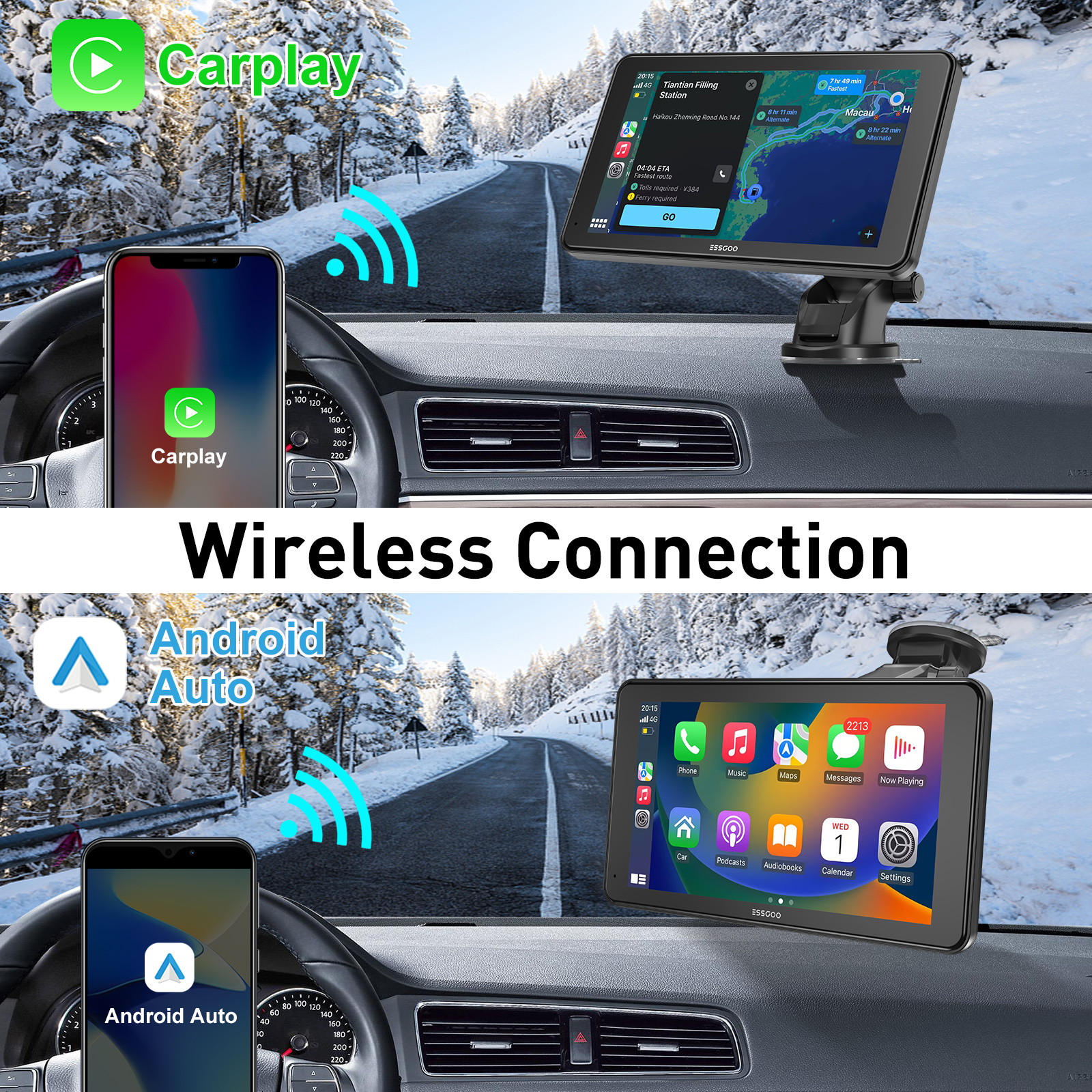 Carplay Sem Fio Multimídia Player FHD 7 Polegada Portátil Carro Android-Auto Bluetooth IPS 2.5D ...