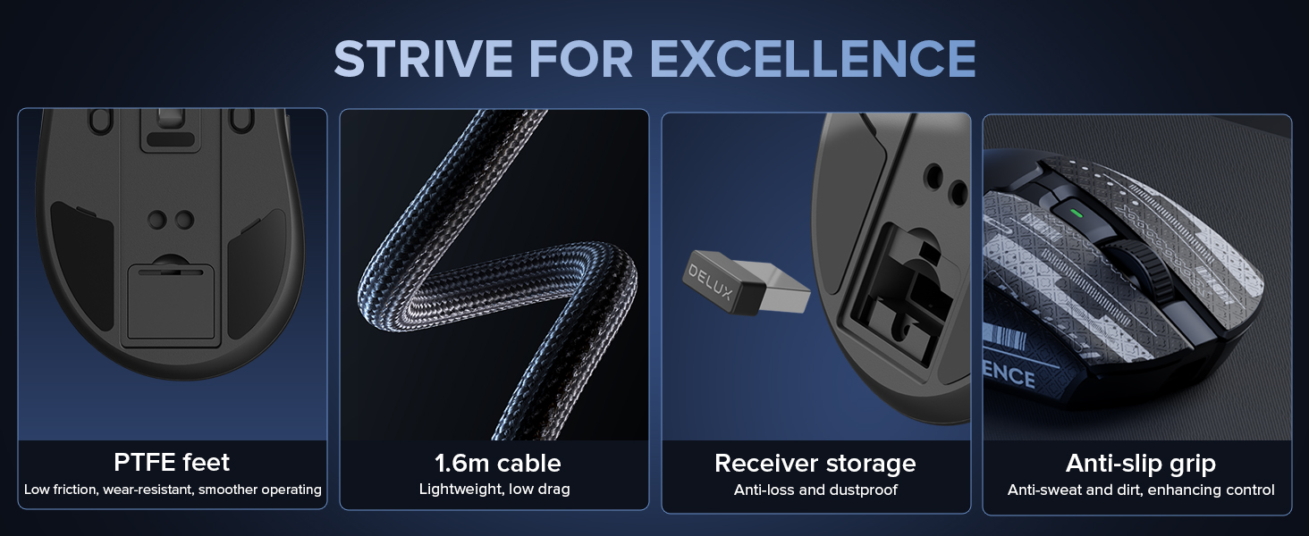 Delux M900 PRO PAW3395 Mouse Para Jogos Azul DPI MAX 26000 Com Fio 2.4G ...