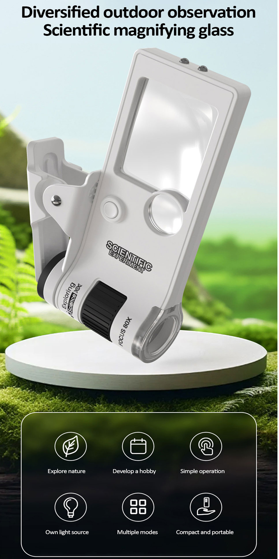 Lupa Com Luz 80x Zoom Microscópio LED UV Clip-on Micro Lente Para ...