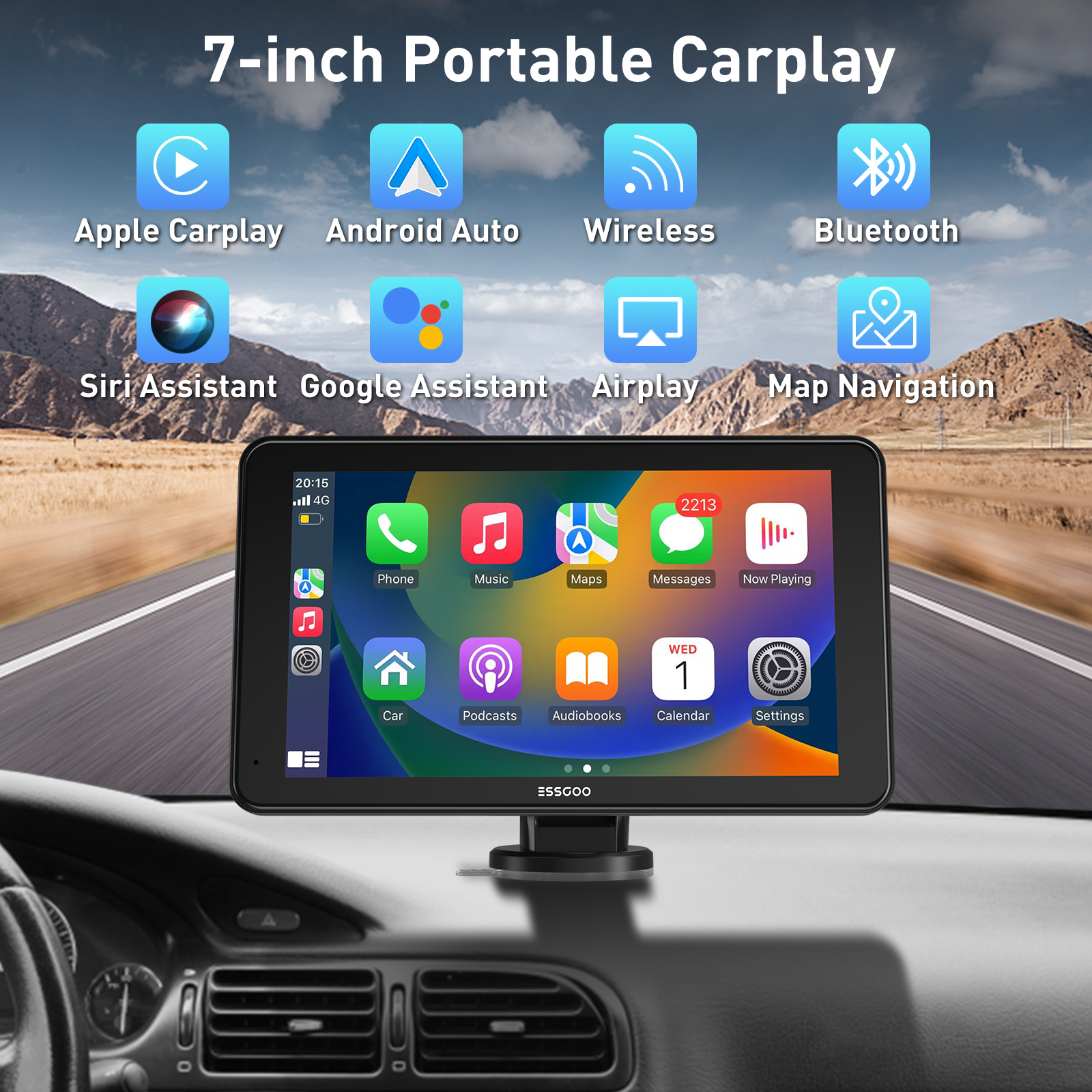 ESSGOO 7 Polegadas Portátil Car Player Sem Fio Carplay Android-Auto Multimídia FHD BT IPS 2.5D ...
