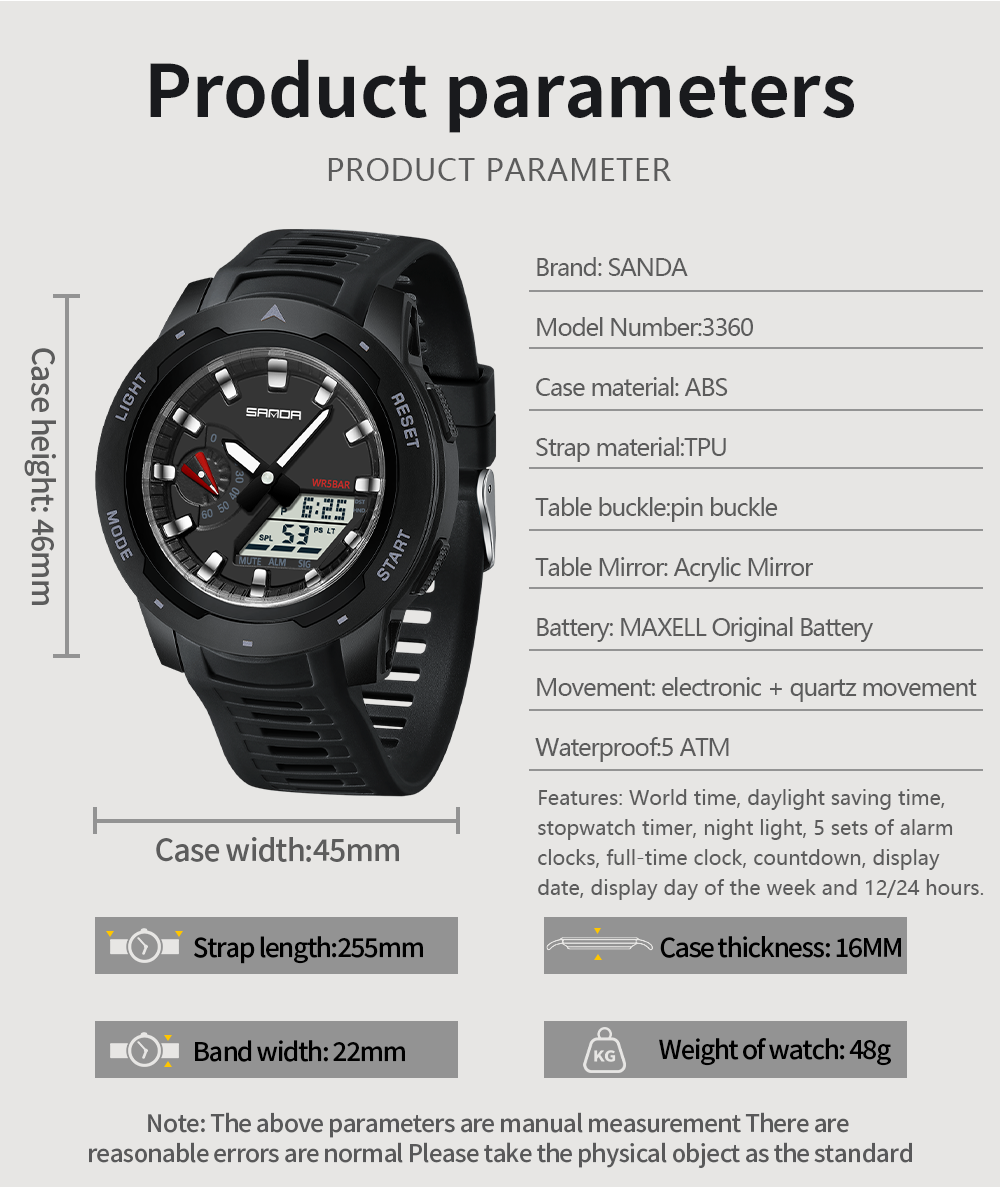 SANDA 3360 Top Fashion Relógio Masculino Multi Funcional LED Digital Impermeável Leve 2024 ...