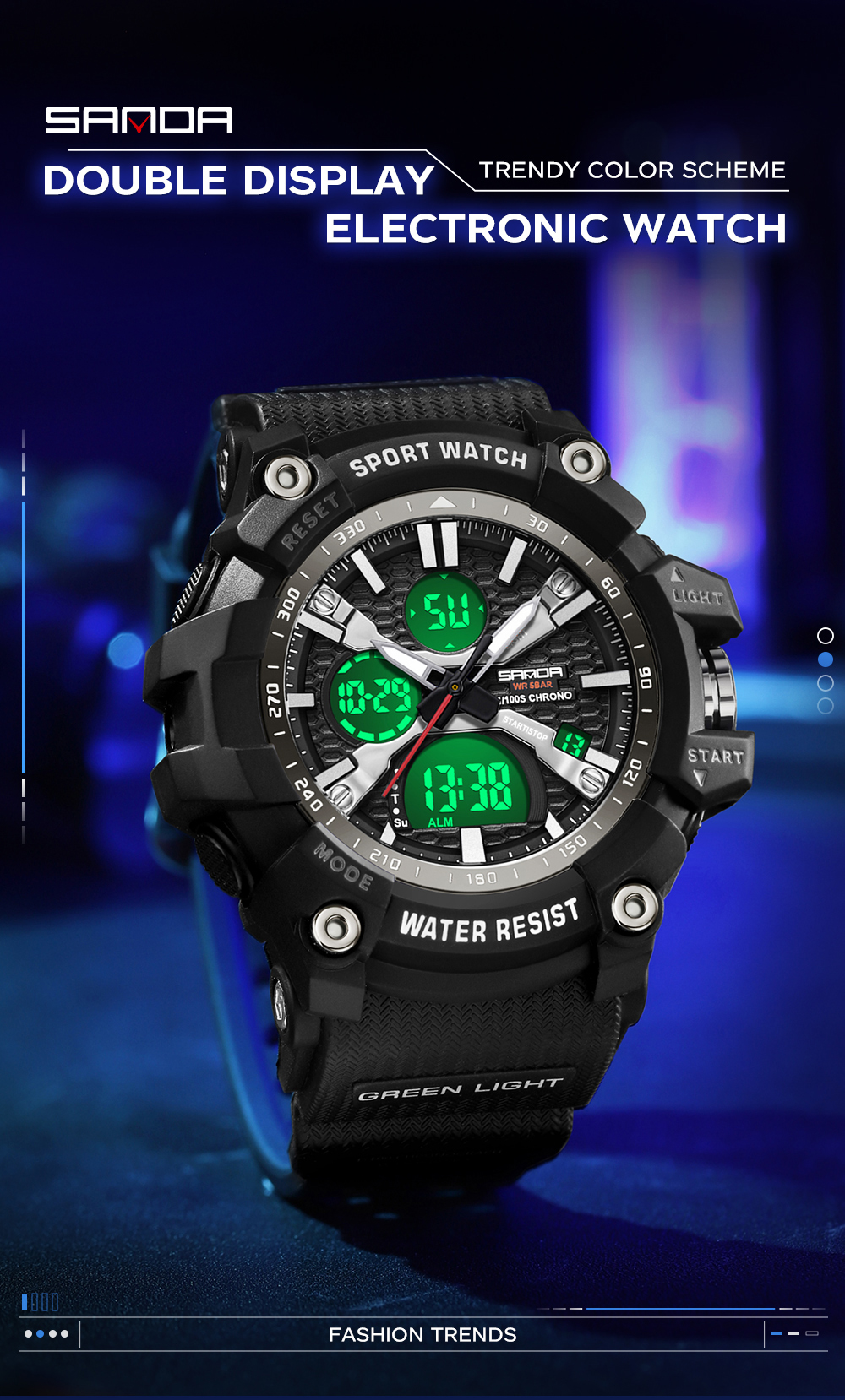 SANDA 3366 Relógio Digital 5bar De Pulso À Prova D'água Para Homens Display Duplo Electron LED ...
