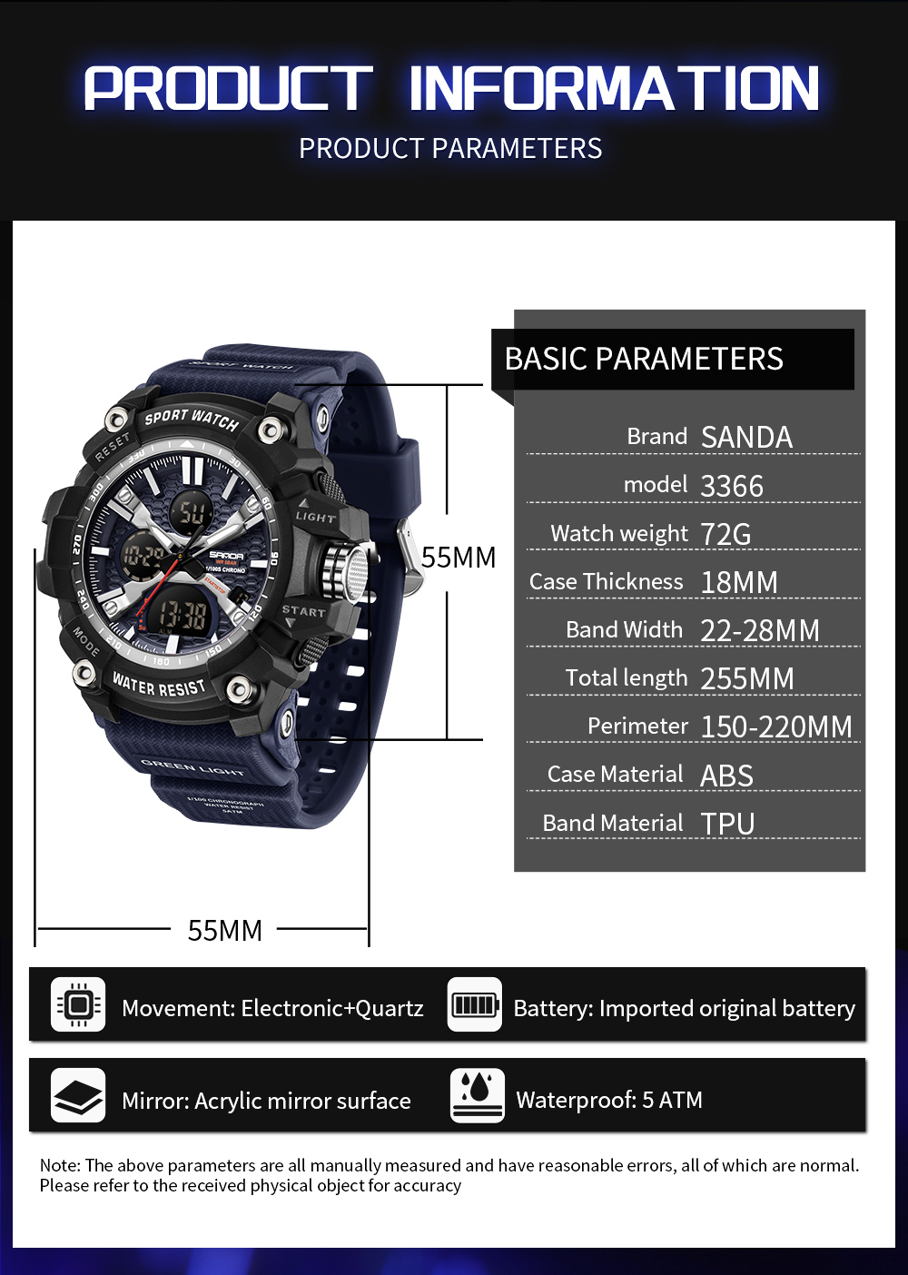 SANDA 3366 Relógio Digital 5bar De Pulso À Prova D'água Para Homens Display Duplo Electron LED ...