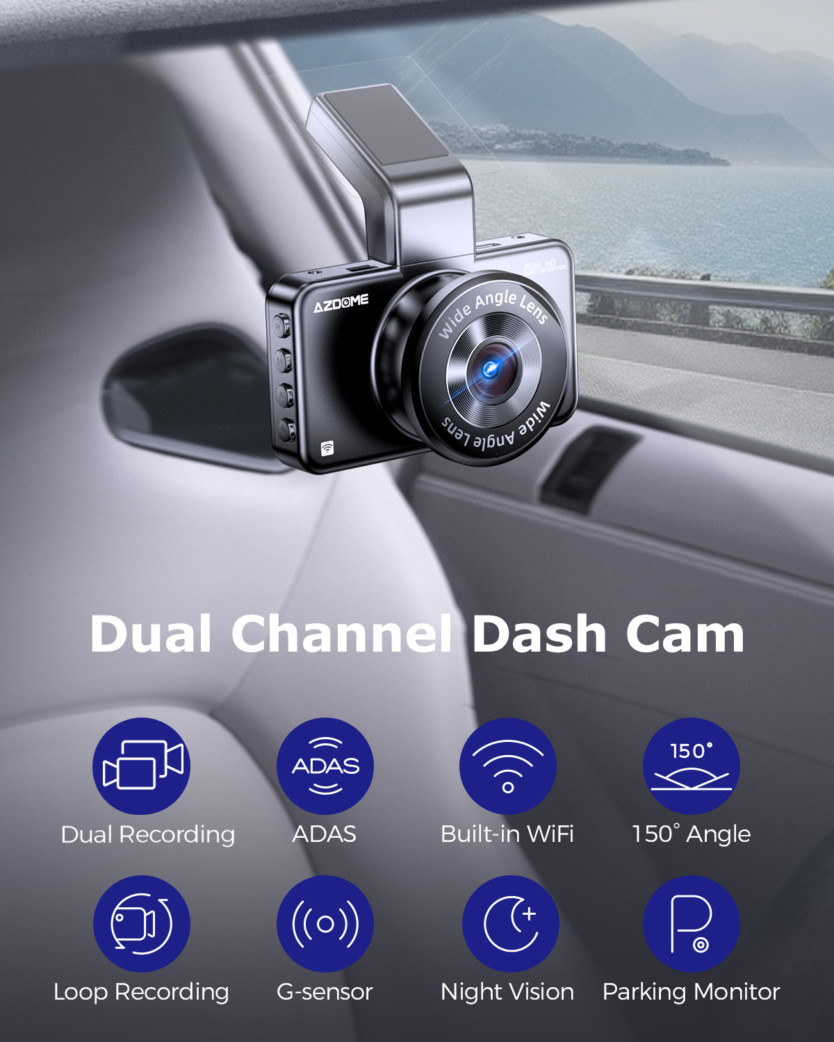 AZDOME M17 Pro 2K Dual Lens Dash Cam Tela De 3'Wi-Fi Integrado ADAS ...