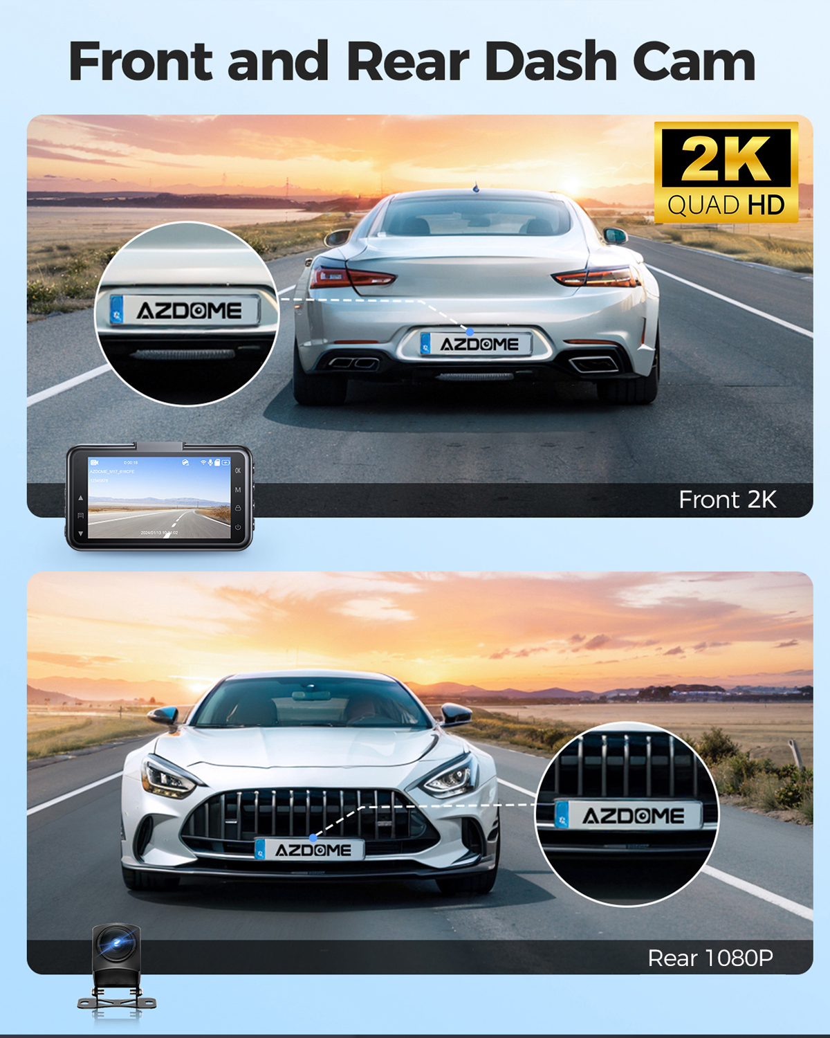 AZDOME M17 Pro 2K Dual Lens Dash Cam Tela De 3'Wi-Fi Integrado ADAS ...