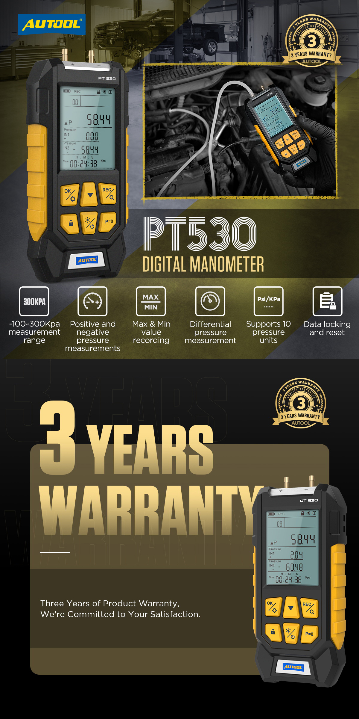 AUTOOL PT530 Manômetro Diferencial Digital-100-300Kpa Medidor De Pressão De Ar Negativo Vácuo ...