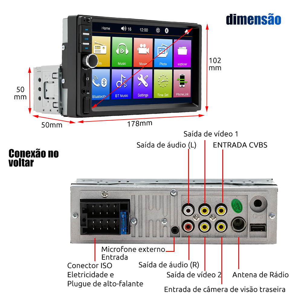 [Envio de São Paulo] ESSGOO 1 din 2 Modelo Universal Rádio Para Carro Bluetooth 7 Polegadas ...