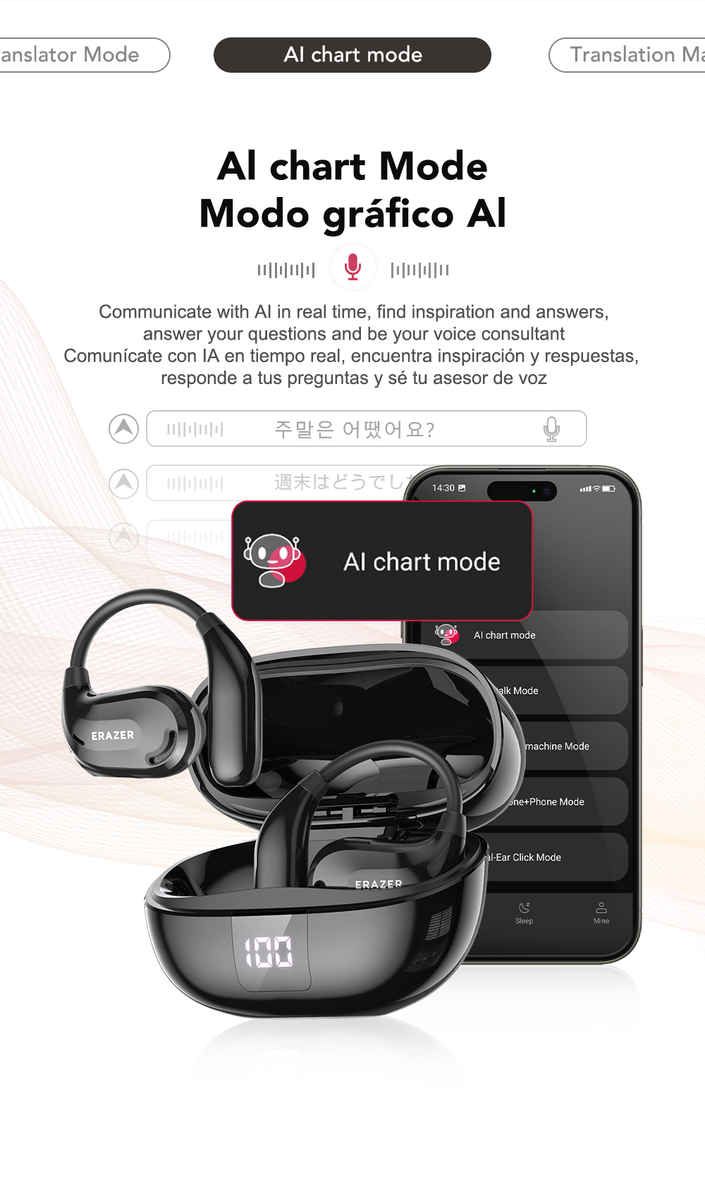 Fones de ouvido sem fio ERZER XT66 PRO Al com tradução em tempo real ...