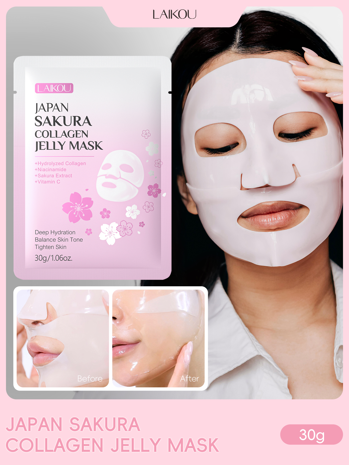 LAIKOU Japão Sakura Máscara De Geléia De Colágeno 30g Hidratação ...