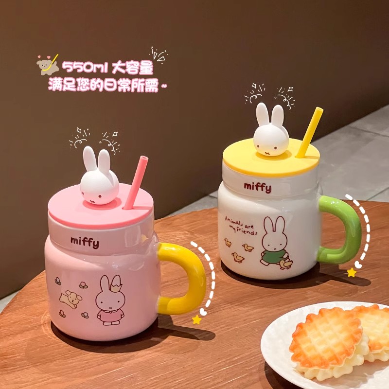Caneca Miffy Coelho com Tampa e Copo de Palha Copo de Água de Cerâmica de Desenho Animado 550ML ...