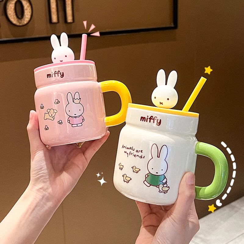 Caneca Miffy Coelho com Tampa e Copo de Palha Copo de Água de Cerâmica ...