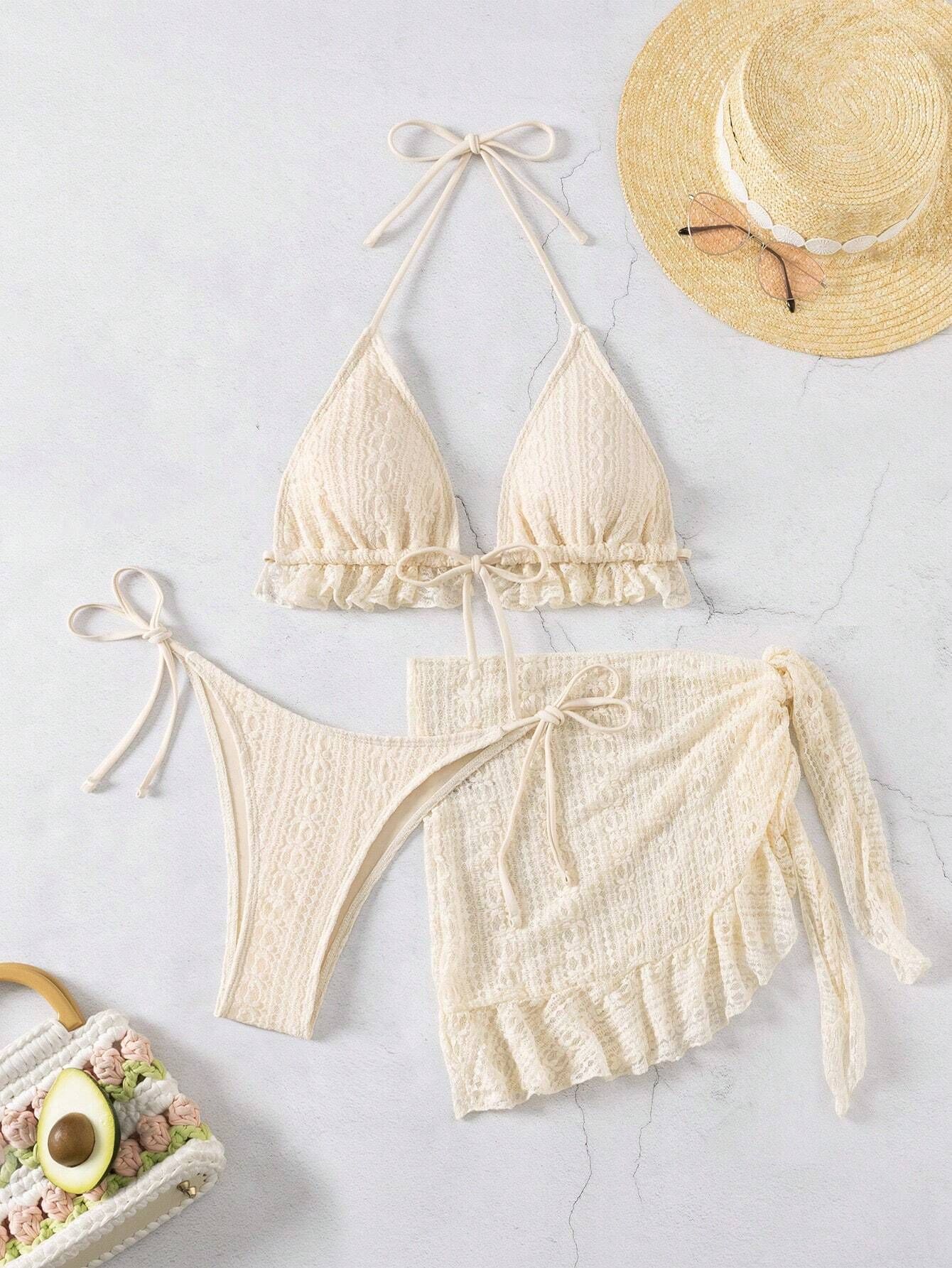 Novo Biquíni Sexy Feminino Conjunto De Três Peças Saia De Gaze Maiô Halter Pescoço Cor Sólida