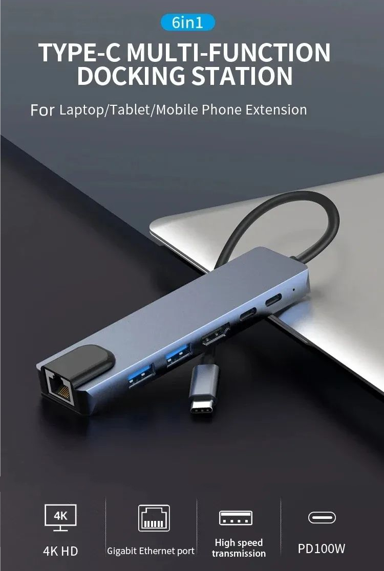 HUB De Porta USB Tipo C 6 Em 1 RJ45 Adaptador HDMI Para Laptop Adequado ...