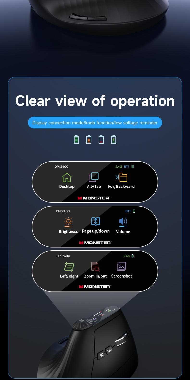 Monster M2MAX Mouse Vertical Ergonômico 800-4000DPI LED Três Modos USB/Bluetooth Para PC Laptop ...
