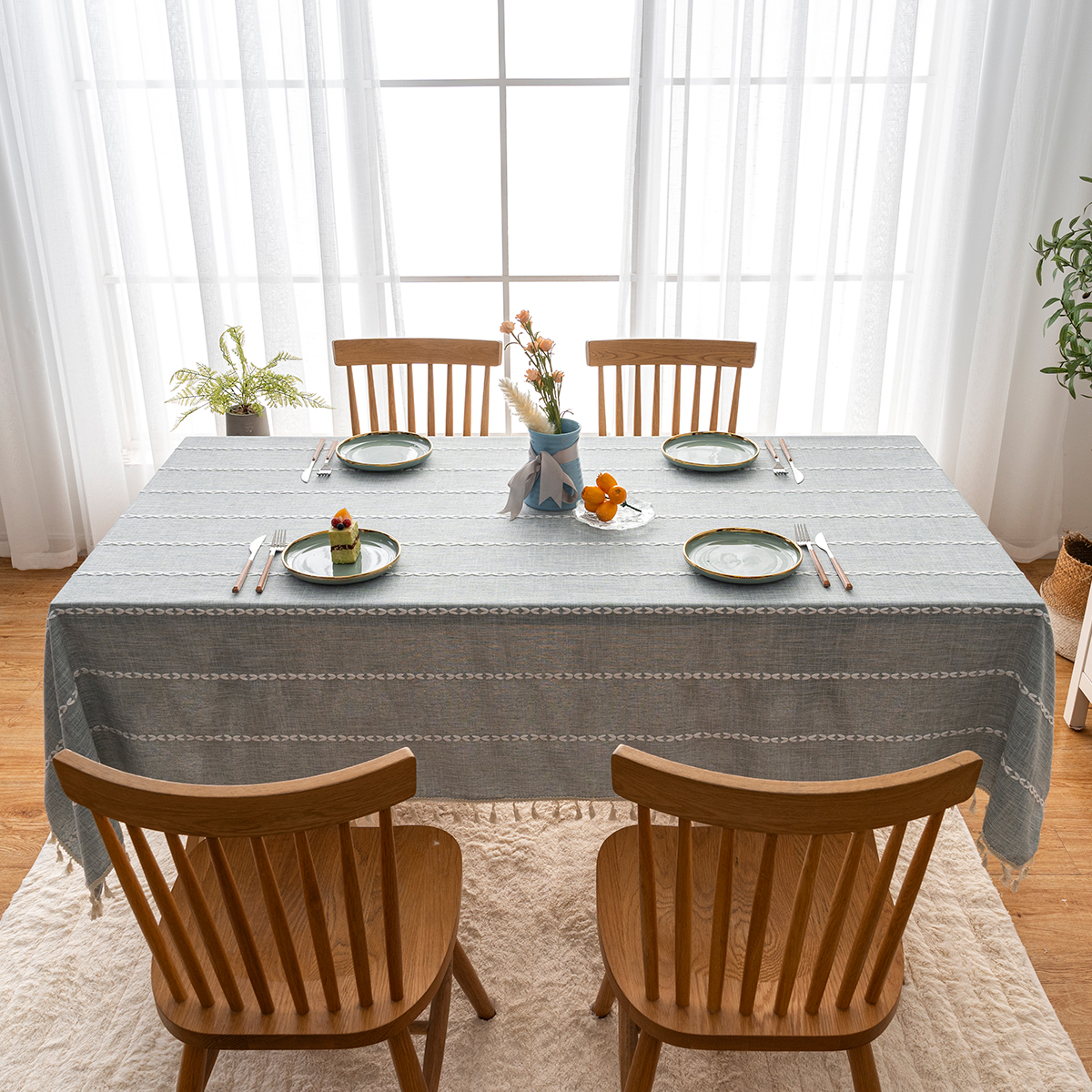 Toalha De Mesa De Linho De Algodão , Boho Listrada Bordada Azul ...